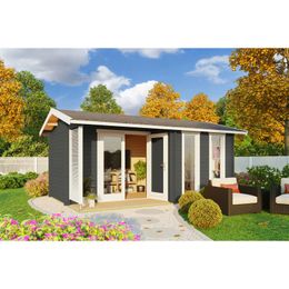Lasita Maja Gartenhaus &raquo;Riverside&laquo; Blockbohlenhaus 28mm, mit Terrasse grau Massivholz Fu&szlig;boden im Gartenhaus, ohne Dacheindeckung