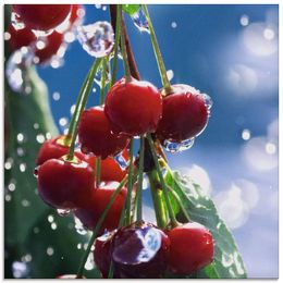 Artland Glasbild &raquo;Rote Kirschen im Sommerregen&laquo; Lebensmittel 1 Stk. tlg. in verschiedenen Gr&ouml;&szlig;en blau B/H/T: 30cm x 30cm, Glasbild Lebensmittel quadratisch, 1