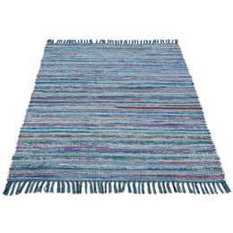 CarpetFine Teppich &raquo;Kelim Chindi, Wendeteppich&laquo; rechteckig 6 mm H&ouml;he handgewebt, Fleckerlteppich mit Fransen, auch vielen in L&auml;ufergr&ouml;&szlig;en blau 