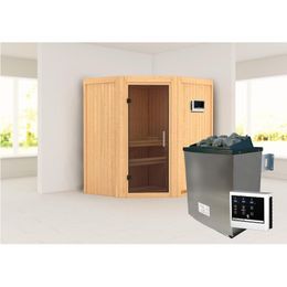 Karibu Sauna &raquo;&raquo;Liyah&laquo; naturbelassen, mit graphitfarbener T&uuml;r&laquo; Set, in verschiedenen Ausf&uuml;hrungen erh&auml;ltlich, 9 KW Ofen mit externe Strg beige Saunaofen, 