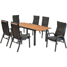 Merxx Garten-Essgruppe &raquo;&raquo;Tilos&laquo;&laquo; Set, R&uuml;ckenabschluss und Armlehnen aus Akazienholz, 13 Stk. tlg. R&uuml;ckenlehne verstellbar durch Gasdruckfeder grau 