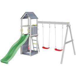 Fungoo Spielturm &raquo;FLAPPI&laquo; mit Rutsche, Doppelschaukel, Kletterwand, Teleskop, Lenkrad grau FSC -zertifizierter Massivholz, Metall, Polyethylen 