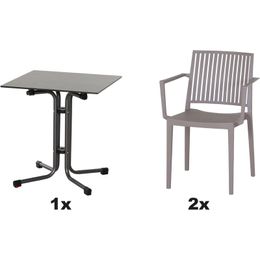 siena GARDEN Gartensessel &raquo;Lane Sessel taupe 2er Set mit Tisch&laquo; Set, 2 Stk. tlg. 2 x Stapelsessel + Tisch Sola 65 x 65 cm B/H/T: 57cm x 82cm x 56cm