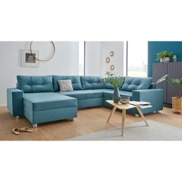 Collection AB Wohnlandschaft &raquo;Paris U-Form, B: 310 cm&laquo; 1 Zierkissen & Federkern, optional Schlaffunktion & Bettkasten blau Samtoptik (100% Polyester) 