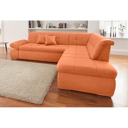 DOMO collection Ecksofa &raquo;NMORIC inkl. Zierkissen 273x216x80 cm L-Form&laquo; Ottomanen-Abschluss, wahlweise mit Bettfunktion und Armlehnverstellung orange 