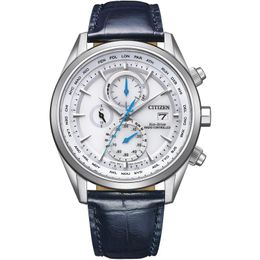 Citizen Herren Funk-Multifunktionsuhr Armbanduhr, Herrenuhr, Solar, Lederarmband, Saphirglas, Datum blau Einheitsgr&ouml;&szlig;e