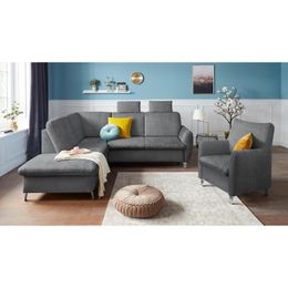Quelle mit Federkern, zwei Kopfst&uuml;tzen und wahlweise mit Schlaffunktion grau B/H/T: 236cm x 93cm x 214cm, Luxus-Microfaser ALTARA NUBUCK , Ottomane links,mit