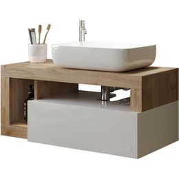 Welltime Waschtisch &raquo;Hamburg&laquo; 1 Schubkasten, Breite 92 cm, Soft-Close, inkl. Keramik-Aufsatzbecken braun Korpus Schubkastenelement: Weiss Melamin,
