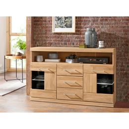 OTTO home Sideboard &raquo;Ribe,125cm breit, Fronten Massivholz,5 F&auml;cher,B&ouml;den versetzbar&laquo; Korpus Holzwerkstoff,T&uuml;ren mit Glaseinsatz,3 Schubladen,