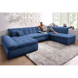 DOMO collection Wohnlandschaft &raquo;MORIC Massiv! - Belastbar bis 140 kgxSitz, 353x216x80 cm, XXL&laquo; U-Form, inkl. Zierkissen blau Chenille (85% Polyester, 