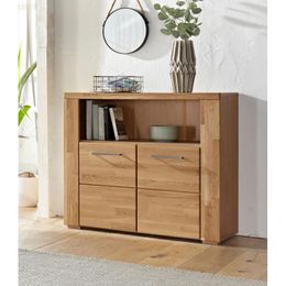 OTTO home Kommode &raquo;Celle, 90cm breit, 35cm tief, Fronten Massivholz&laquo; Holz massiv, Holzwerkstoff, Metall Griffe,3 breite F&auml;cher braun Holz teilmassiv B
