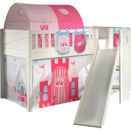 Vipack Hochbett &raquo;Scott&laquo; Made in Europe, mit schr&auml;ger Leiter, LF 90x200 cm, Vorhang, Tunnel, 4 Designs wei&szlig; 100% Baumwolle Bettmit Rutsche und Leiter, 
