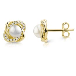 Firetti Damen Paar Ohrstecker &raquo;Schmuck Geschenk Silber 925 Ohrringe Knoten&laquo; Made in Germany - mit Zirkonia (synth.) - mit S&uuml;&szlig;wasserzuchtperle gold 5mm