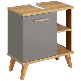Waschbeckenunterschrank &raquo;mit einem seitlichen Ablagefach&laquo; Holzwerkstoff Quarzgrau Hochglanz, B/H/T: 60,5cm x 65cm x 33cm, T&uuml;ren: 1 Stk.