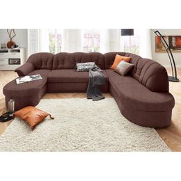 DOMO collection Wohnlandschaft &raquo;ELVA 293x180x84 cm, elegante R&uuml;ckensteppung, U-Form&laquo; whlw. mit Bettfunktion und Federkern braun (gepr&auml;gte) Luxus-