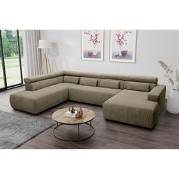 DOMO collection Wohnlandschaft &raquo;BRANDON whlw. mit Sitztiefenverstellung, whlw. Nierenkissen&laquo; ohne Sitztiefenverstellung, Cord, schlamm braun 