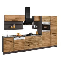 KOCHSTATION K&uuml;chenzeile &raquo;KS-Tulsa&laquo; mit E-Ger&auml;ten, Breite 330 cm, schwarze Metallgriffe, MDF Fronten braun B/H/T: 330cm x 60cm