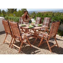 Merxx Garten-Essgruppe &raquo;Borkum&laquo; 6x Sessel, inkl. Sitz- und R&uuml;ckenkissen, 1x Klapptisch 135x85 cm, 13 Stk. tlg. Eukalyptusholz, FSC Mix, geeignet f&uuml;r 6