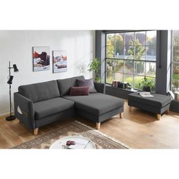 ATLANTIC HOME COLLECTION Ecksofa &raquo;Mailo L-Form&laquo; mit Seitentaschen, Recamiere beidseitig montierbar, Massivholzf&uuml;&szlig;e grau B/H/T: 204cm, Feinstruktur, 
