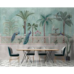 Livingwalls living walls Vliestapete &raquo;Pfauentapete orientalisch Mint T&uuml;rkis mit Palmen&laquo; matt glatt bunt Vlies B/L: 2,7m x 4m, Rollen: 1