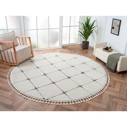 MyFlair Hochflor-Teppich &raquo;Moroccan Square&laquo; rund 24 mm H&ouml;he modern, marokkanisches Design, Rauten Muster, weich, mit Fransen schwarz-wei&szlig; Polyester, 