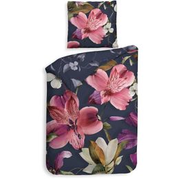 Bettw&auml;sche &raquo;Tropici&laquo; 2 Blumen Design, 100% Baumwolle ab 135x200 cm. blau Mako-Satin, Obermaterial: 100% Baumwolle B/L: 155cm x 220cm, 1 Stk., 1 Stk., 