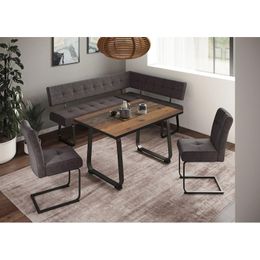 Hela Essgruppe &raquo;RUHR&laquo; 4 Stk. tlg. Kufentisch 140x90 cm, Schwingstuhl und Bank mit Federkorb, Komfortsitz braun Microfaser, Sitzbreite Eckbank rechts: 