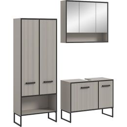 Welltime Badezimmer-Set &raquo;LOCRI, 3-tlg. Badkombination, Breite 154 cm, Rillenoptik, Metallkufen&laquo; bestehend aus: Hochschrank, Waschbeckeunterschrank & 