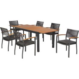Merxx Garten-Essgruppe &raquo;Parella&laquo; Set, 13 tlg. inkl. 6 Stapelsessel, 6 Auflagen, 1 Ausziehtisch braun Aluminium B/H/T: 61cm x 53,5cm x 53cm