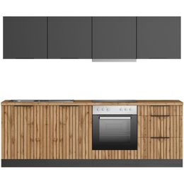 KOCHSTATION K&uuml;chenzeile &raquo;KS-Lagos2, Breite 240 cm&laquo; wahlweise mit E-Ger&auml;ten, mit 38mm starker Arbeitsplatte grau B/H/T: 240cm x 200cm x 60cm,mit E-