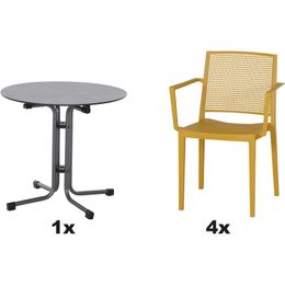 siena GARDEN Gartensessel &raquo;Square Sessel mustard 4er Set mit Tisch&laquo; Set, 4 Stk. tlg. 4 x Stapelsessel + Tisch Sola &Oslash; 80 cm B/H/T: 57cm x 82cm x 56cm
