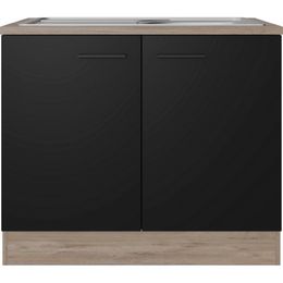 Flex-Well Sp&uuml;lenschrank &raquo;Capri&laquo; 2 Stk. tlg. (B x H x T) 100 x 85 x 60 cm, inkl. Edelstahl-Einbausp&uuml;le schwarz Holzwerkstoff Endgrain Oak, B/H/T: 100cm x 85cm x 