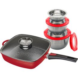 King Bratpfanne &raquo;Square&laquo; Aluminiumguss Set, 3 Sch&uuml;sseln &Oslash;17. &Oslash;14.5 &Oslash;12cm mit Deckeln, 1 Pfanne 28x28cm mit Deckel, 8 Stk. tlg. Induktion, Glasdeckel m