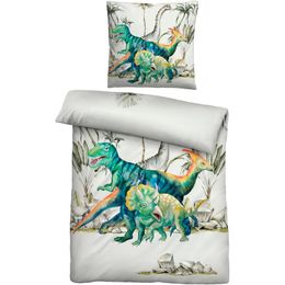 Biberna Kinderbettw&auml;sche &raquo;Dinos&laquo; 2 Stk. 135/200+80/80 cm, atmungsaktiv, 100% Baumwolle, Rei&szlig;verschluss beige Linon, Obermaterial: 100% Baumwolle B/L: 135cm x 