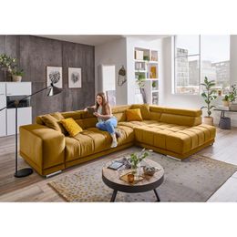 Die PlanBar Ecksofa &raquo;MP-IN15053 L-Form breiter Schenkel&laquo; wahlweise mit Kopfteilverstellung und manueller Vorziehbank gelb B/H/T: 323cm x 73cm x 222cm,