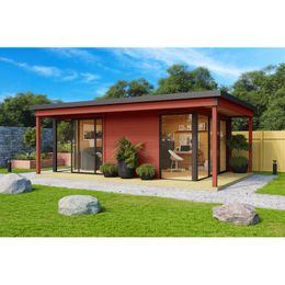 Lasita Maja Gartenhaus &raquo;Domeo 3 Loggia&laquo; mit &Uuml;berdachung, Position der Zwischenwand flexibel rot Massivholz Fu&szlig;boden im Gartenhaus, ohne R&uuml;ck- und 