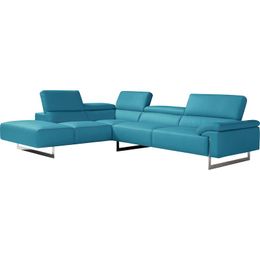 Egoitaliano Ecksofa &raquo;Malika, elegant und bequem, Designsofa, L-Form&laquo; mit Ottomane, inkl. Kopfteilverstellung und chromfarbenen Metallf&uuml;&szlig;en blau Leder &raquo;BULL&laquo; (