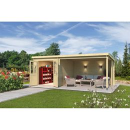 Lasita Maja Gartenhaus &raquo;Saint Paul&laquo; Blockbohlenhaus 28mm, mit Anbau beige Massivholz ohne Fu&szlig;boden, R&uuml;ckwand, ohne Dacheindeckung