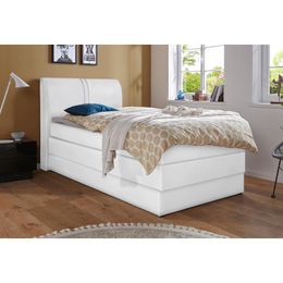 Hapo Boxspringbett mit Bettkasten wei&szlig; Kopfteil, seitliche Unterbox und Obermatratze sind mit pflegeleichtem Feinstrukturstoff in Leinenoptik (100% 
