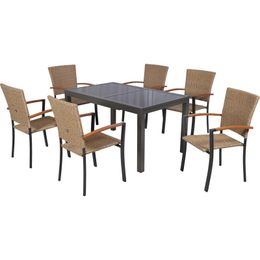 Merxx Garten-Essgruppe &raquo;Teramo&laquo; Set, 7 tlg. inkl. 6 Stapelsessel, 1 Ausziehtisch braun Aluminium, Kunststoff B/H/T: 56cm x 94cm x 62cm