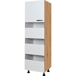 Express K&uuml;chen Vorratsschrank &raquo;ARTA&laquo; vormontiert wei&szlig; Holzwerkstoff eichefarben astig, B/H/T: 60cm x 207cm x 58cm, Schubladen: 3 Stk. T&uuml;ren: 1 Stk. T&uuml;ranschlag links