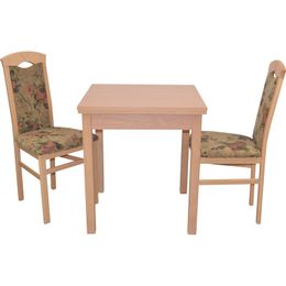 HOFMANN LIVING AND MORE Essgruppe &raquo;Berta&laquo; Spar-Set, 1 Tisch, 2 St&uuml;hle, 3 Stk. tlg. braun Massivholz B/H/T: 45cm x 95cm x 48cm, Stoff, Ansteckplatten, 