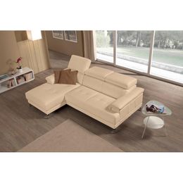 Egoitaliano Ecksofa &raquo;Soul, Design und Sitzkomfort auf hohem Niveau, tolle Details, L-Form&laquo; mit Recamiere, inkl. Kopfteilverstellung beige Leder &raquo;BULL&laquo; (echtes 