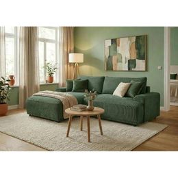 Trendmanufaktur Ecksofa &raquo;Fordon, Schlafsofa mit Bettkasten, Couch in L-Form, Breite 250 cm&laquo; in Cordstoff HYPER, dunkelgr&uuml;n, Recamiere links gr&uuml;n 92% 