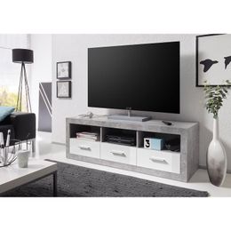 HBZ-MEBLE HBZ Lowboard &raquo;Stone wei&szlig; Hochglanz, TV M&ouml;bel bis 55 Zoll, BxHxT 147x49x45 cm&laquo; 1 Stk. tlg. Mit 3 offenen F&auml;cher, 3 Schubk&auml;sten, 1 Kabeldurchf&uuml;hrung 