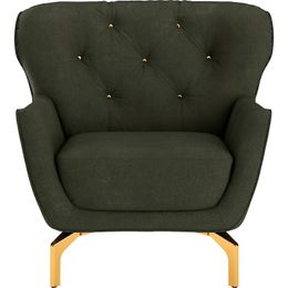 Sit & More sit&more Sessel &raquo;Orient 3&laquo; inkl. 1 Zierkissen mit Strass-Stein, goldfarbene Metallf&uuml;&szlig;e gr&uuml;n 100% Polyester Struktur, B/H/T: 90cm x 89cm x 88cm