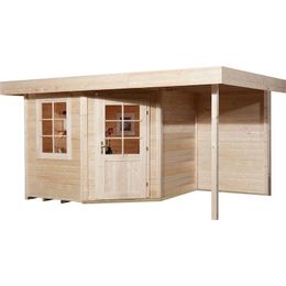 Weka Gartenhaus &raquo;Designhaus 213 Plus&laquo; mit Anbaudach und R&uuml;ckwand beige Massivholz Fu&szlig;boden im Gartenhaus, R&uuml;ckwand, ohne Dacheindeckung