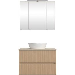 Welltime Badm&ouml;bel-Set &raquo;EIXO, Set aus Spiegelschrank und Waschtisch inkl. Becken&laquo; braun Holzwerkstoff B/H/T: 80cmcm x 200cmcm x 47cmcm, Sandsteinoptik