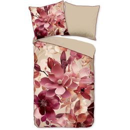 Descanso Wendebettw&auml;sche &raquo;Chaja&laquo; 2 Stk. Satin, Rei&szlig;verschluss, Paspel, Biese, Wendeoptik, Blumen, Bordeaux beige Renforc&eacute;, Obermaterial: 100% Baumwolle B/L: 