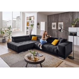Die PlanBar Ecksofa &raquo;MP-IN15053 L-Form breiter Schenkel&laquo; wahlweise mit Kopfteilverstellung und manueller Vorziehbank grau B/H/T: 323cm x 73cm x 222cm,